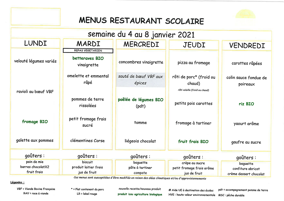 Retrouvez les menus de la cantine des mois de janvier, février et mars ...